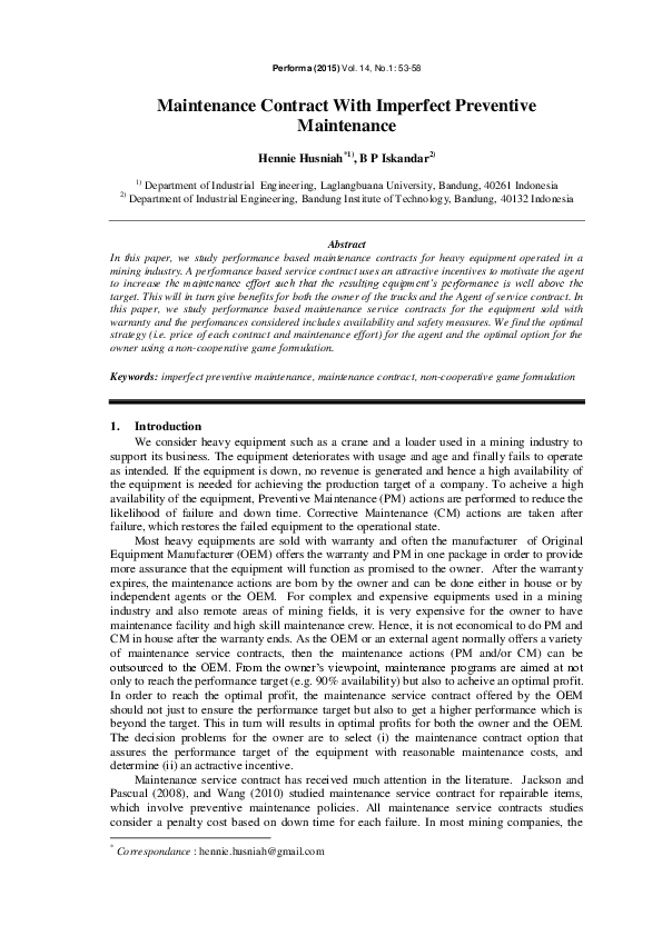 (PDF) Maintenance Contract With Imperfect Preventive Maintenance