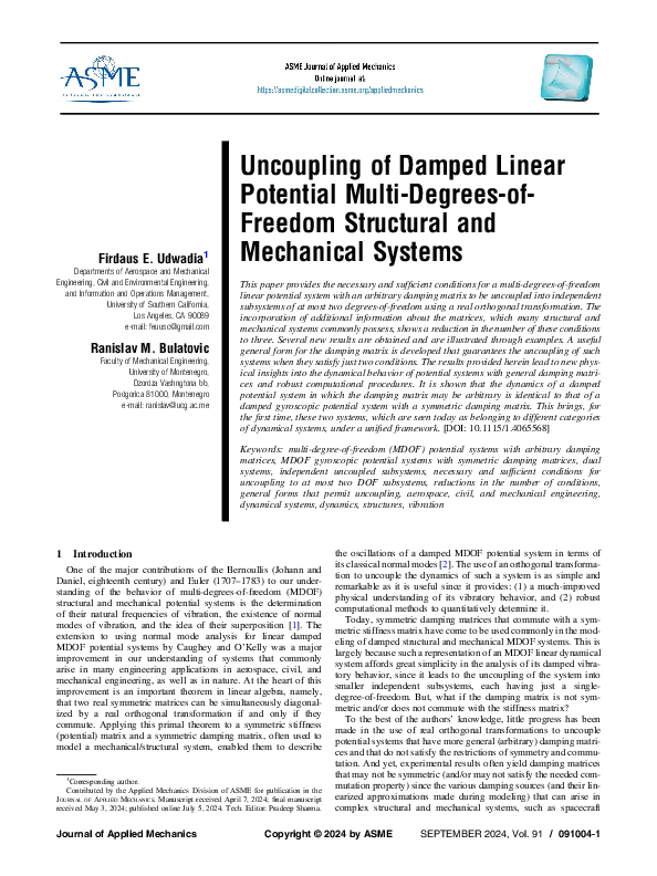 (PDF) Uncoupling of Damped Linear Potential Multi-Degrees-of-Freedom Structural and Mechanical ...