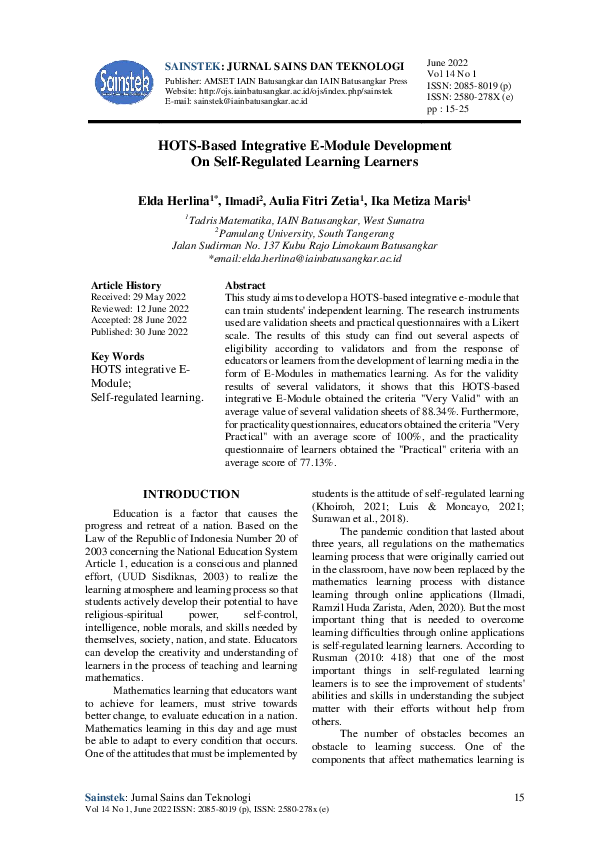 (PDF) HOTS-Based Integrative E-Module Development On Self-Regulated Learning Learners