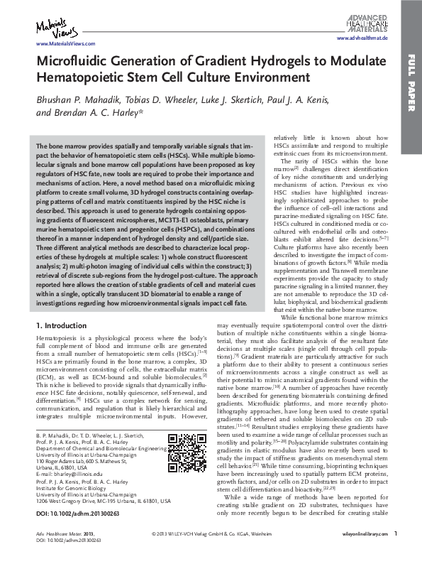 (PDF) Microfluidic Generation of Gradient Hydrogels to Modulate Hematopoietic Stem Cell Culture ...