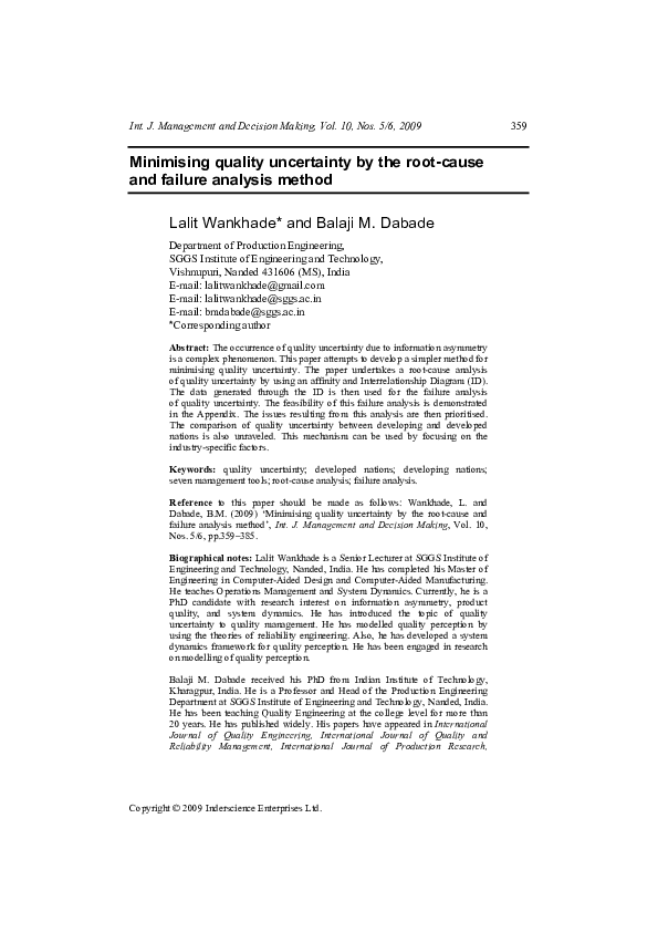 (PDF) Minimising quality uncertainty by the root-cause and failure ...
