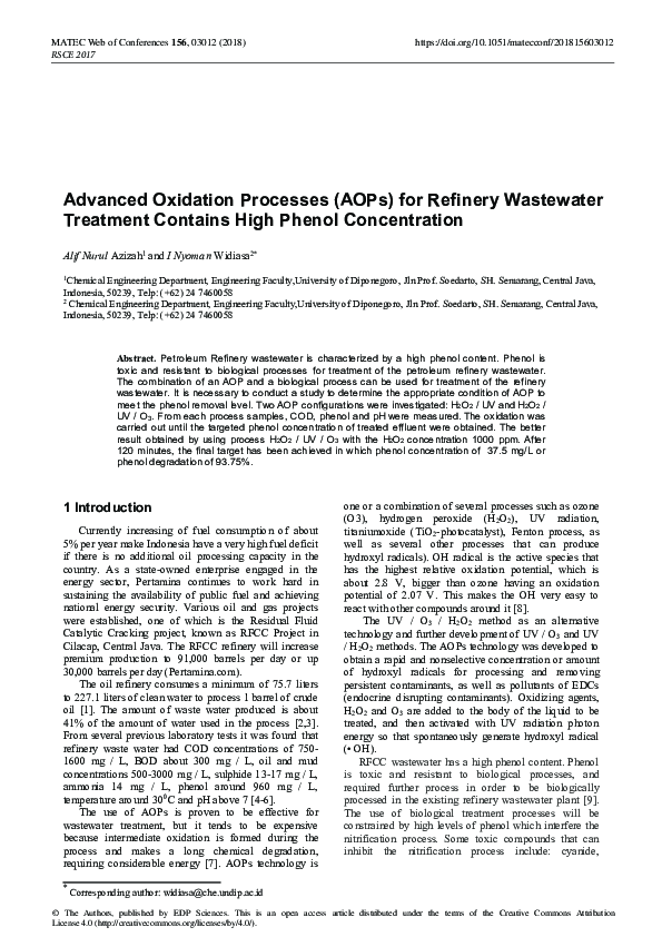 (PDF) Advanced Oxidation Processes (AOPs) for Refinery Wastewater Treatment Contains High Phenol ...