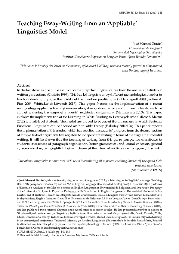 (PDF) Teaching Essay-Writing from an ‘Appliable’ Linguistics Model