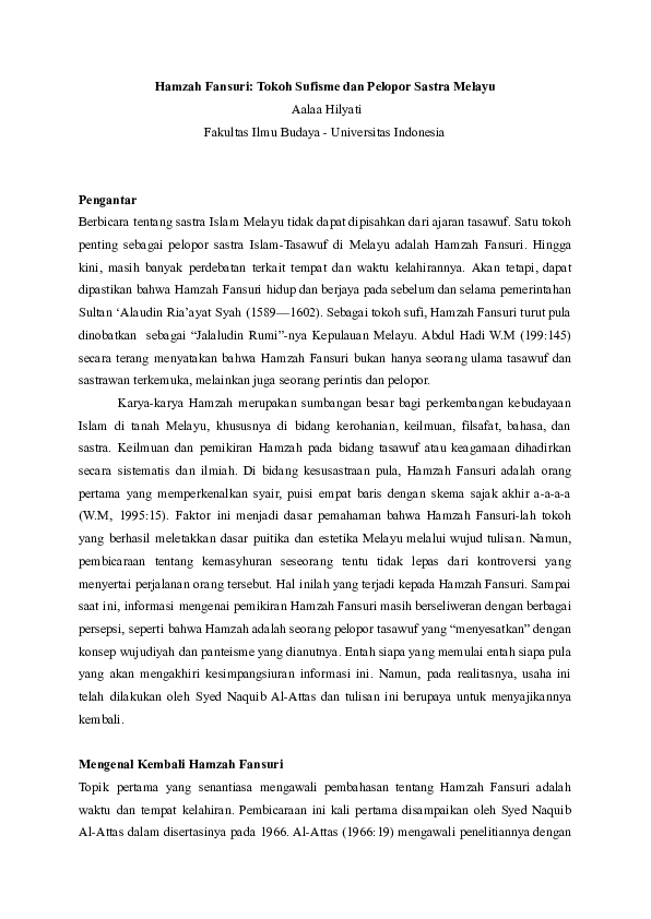 (PDF) Hamzah Fansuri: Tokoh Sufisme dan Pelopor Sastra Melayu