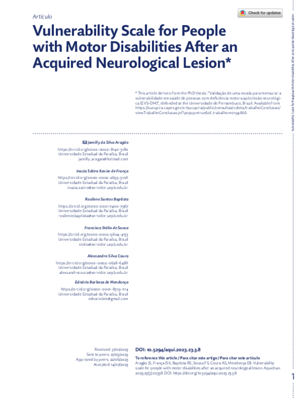 (PDF) Vulnerability Scale for People with Motor Disabilities After an Acquired Neurological Lesion