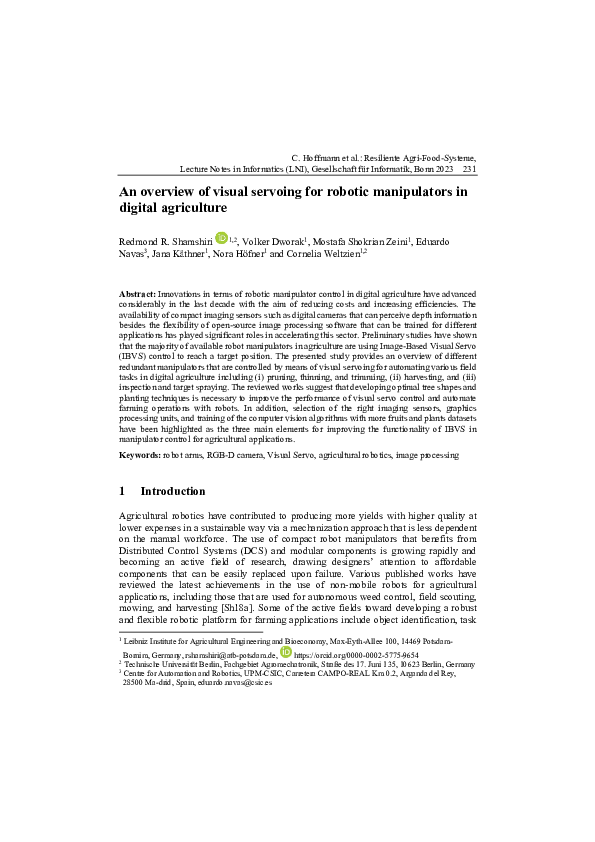 (PDF) An overview of visual servoing for robotic manipulators in digital agriculture