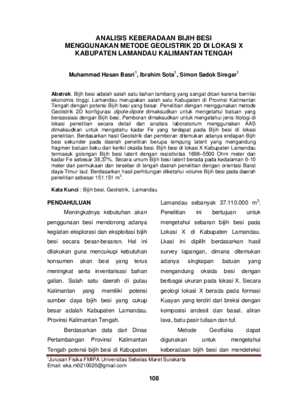 (PDF) Analisis Keberadaan Bijih Besi Menggunakan Metode Geolistrik 2D DI Lokasi X Kabupaten ...