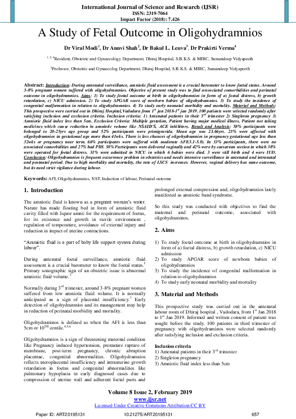 (PDF) A Study of Fetal Outcome in Oligohydramnios Dr Viral
