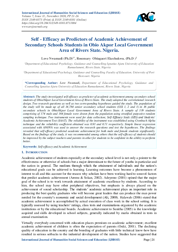 (PDF) Self - Efficacy as Predictors of Academic Achievement of ...