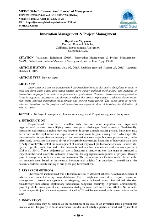 (PDF) Innovation Management & Project Management