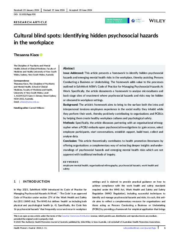 (PDF) Cultural blind spots: Identifying hidden psychosocial hazards in ...