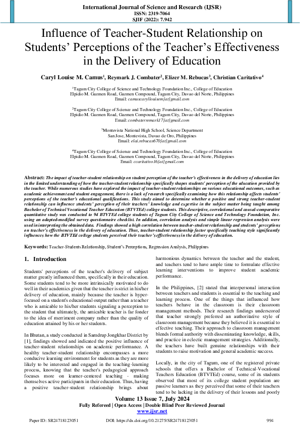 (PDF) Influence of Teacher-Student Relationship on Students ...