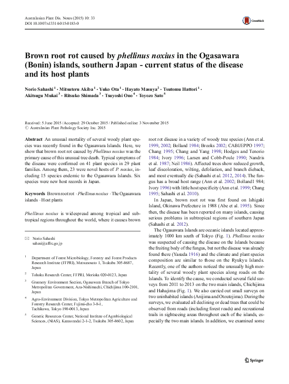 (PDF) Brown root rot caused by phellinus noxius in the Ogasawara (Bonin ...