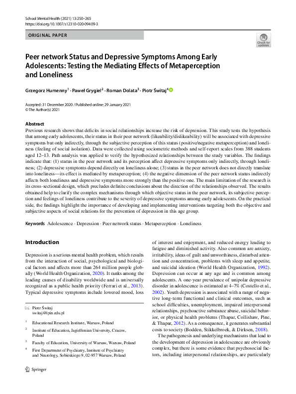 (PDF) Peer network Status and Depressive Symptoms Among Early ...