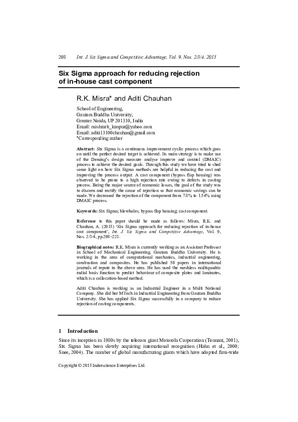 (PDF) Six Sigma approach for reducing rejection of in-house cast component