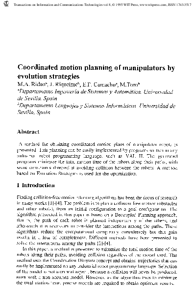 (PDF) Coordinated Motion Planning Of Manipulators By Evolution Strategies