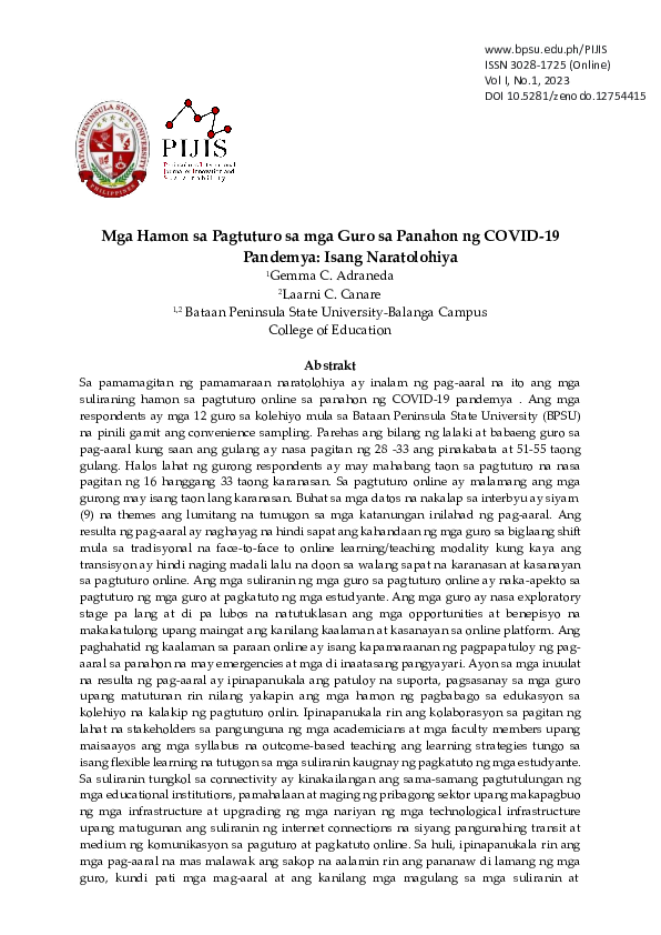 (PDF) Mga Hamon sa Pagtuturo sa mga Guro sa Panahon ng COVID-19 Pandemya: Isang Naratolohiya