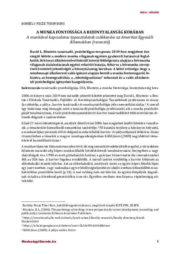 (PDF) A MUNKA FONTOSSÁGA A BIZONYTALANSÁG KORÁBAN | Tibor Bors Borbely ...