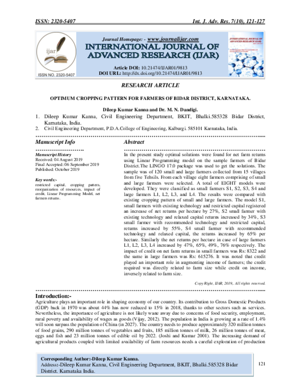 (PDF) Optimum Cropping Pattern for Farmers of Bidar District, Karnataka