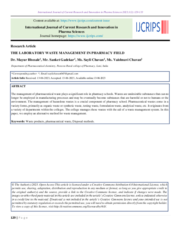 (PDF) The Laboratory Waste Management in Pharmacy Field