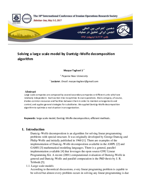 (PDF) Solving a large scale model by Dantzig-Wolfe decomposition algorithm | Mazyar Taghavi ...