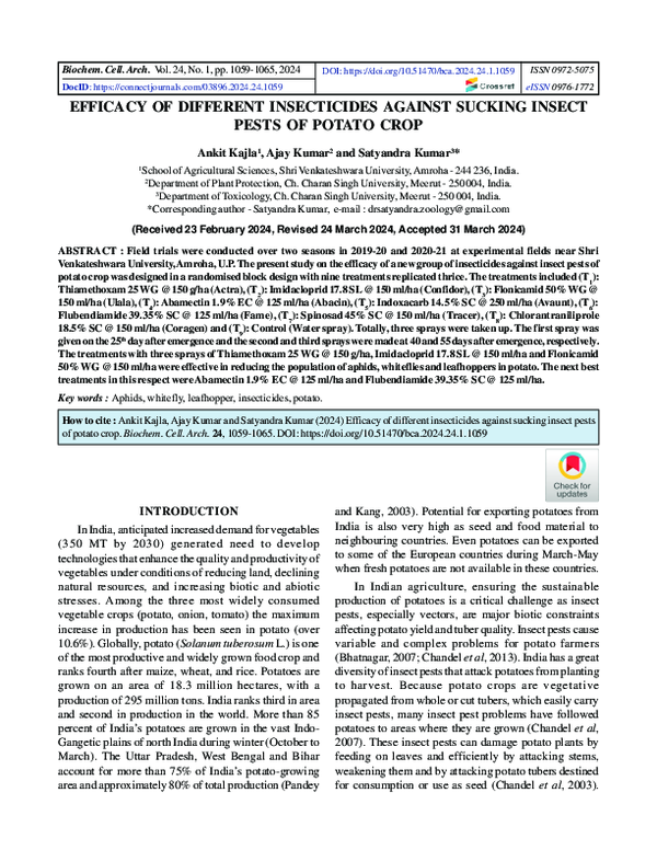 (PDF) EFFICACY OF DIFFERENT INSECTICIDES AGAINST SUCKING INSECT PESTS OF POTATO CROP