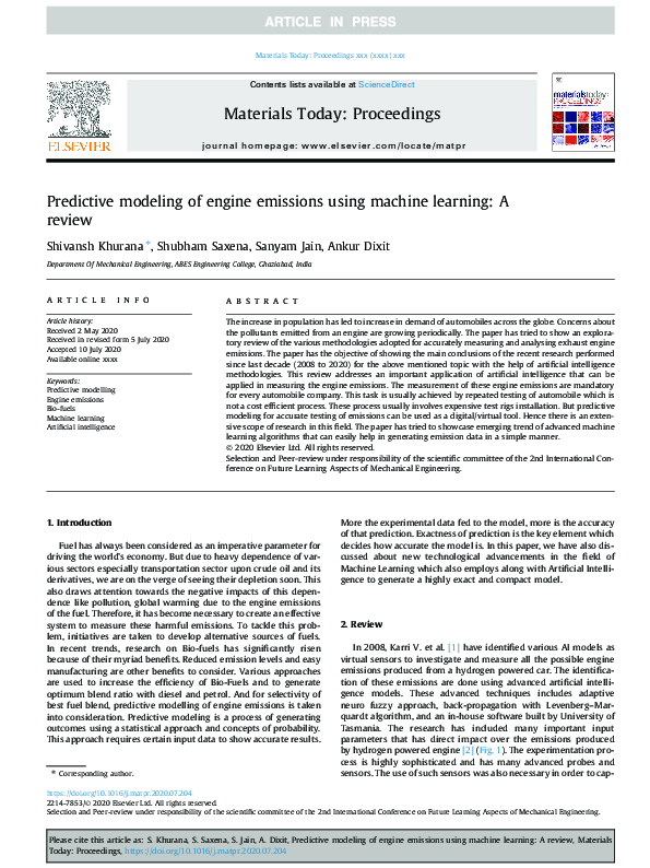 (PDF) Predictive modeling of engine emissions using machine learning: A review