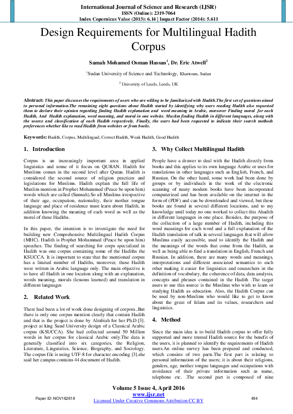 (PDF) Design Requirements for Multilingual Hadith Corpus (PDF) Design Requirements for Multilingual Hadith Corpus