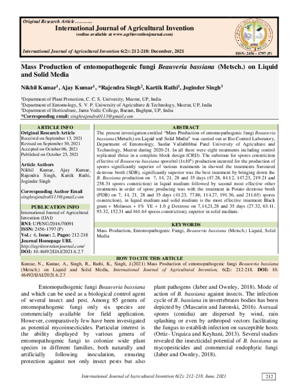 (PDF) Mass Production of entomopathogenic fungi Beauveria bassiana (Metsch.) on Liquid and Solid ...