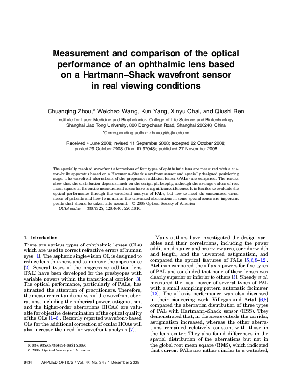 (PDF) Measurement and comparison of the optical performance of an ophthalmic lens based on a ...