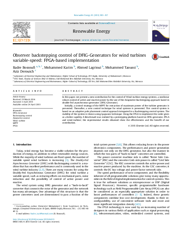 Pdf Observer Backstepping Control Of Dfig Generators For Wind Turbines Variable Speed Fpga