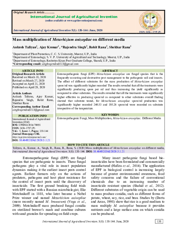 (PDF) Mass multiplication of Metarhizium anisopliae on different media