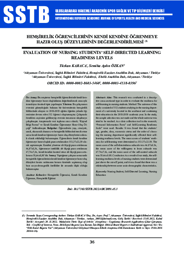 (PDF) Evaluation of Nursing Students' Self-Directed Learning Readiness Levels