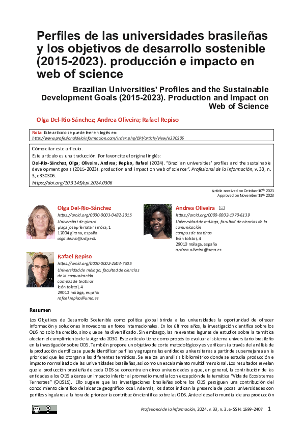 (PDF) Perfiles de las universidades brasileñas y los objetivos de desarrollo sostenible (2015 ...