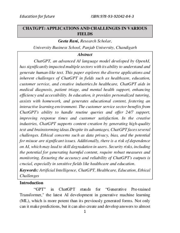 (PDF) ChatGPT: Application and Challenges in various fields