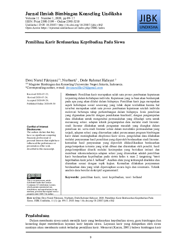 (PDF) Pemilihan Karir Berdasarkan Kepribadian Pada Siswa Kelas X Man 2 ...