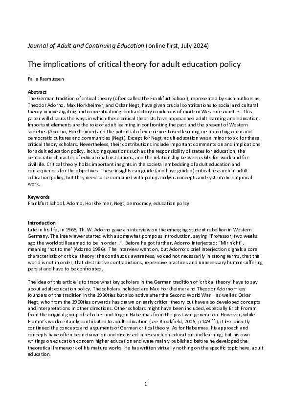 (PDF) The implications of critical theory for adult education policy