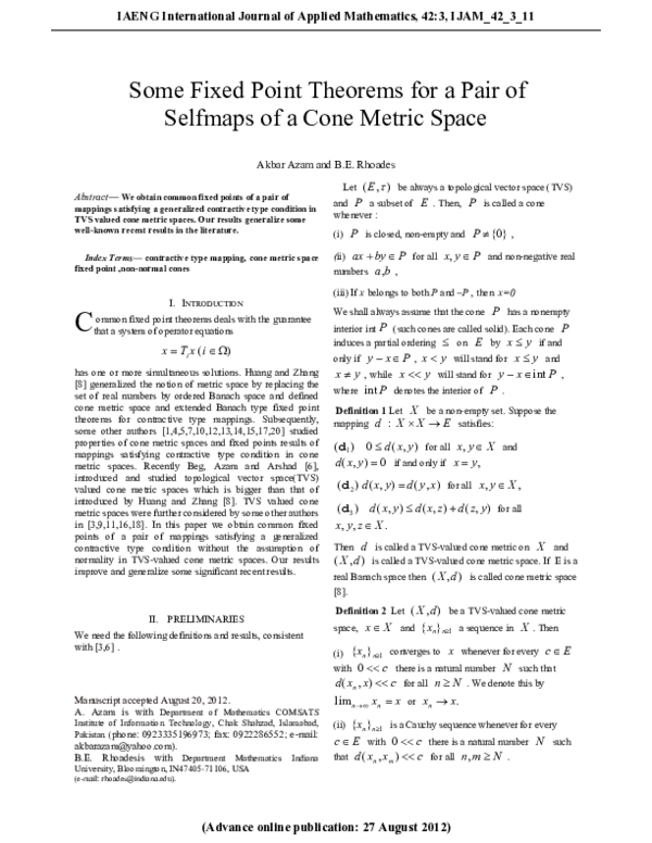 (PDF) Some fixed point theorems for a pair of selfmaps of a cone metric space | Akbar Azam ...
