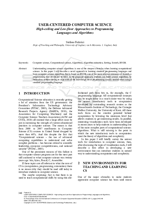 (PDF) USER-CENTERED COMPUTER SCIENCE - High-ceiling and Low-floor Approaches to Programming ...