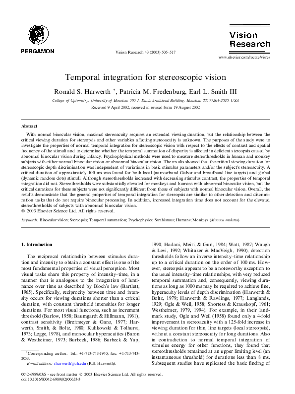 (PDF) Temporal integration for stereoscopic vision