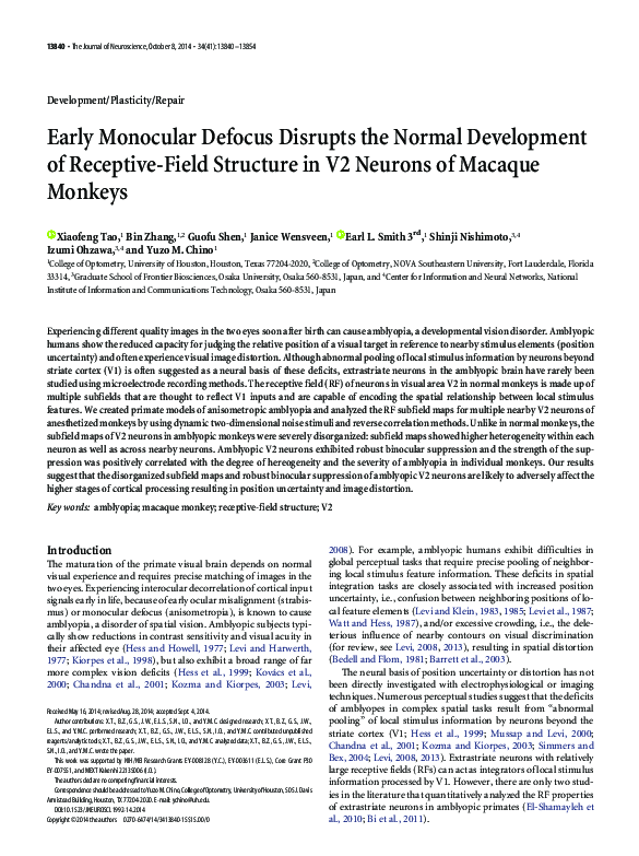 (PDF) Early monocular defocus disrupts the normal development of receptive-field structure in V2 ...