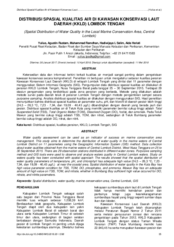 (PDF) Distribusi Spasial Kualitas Air di Kawasan Konservasi Laut Daerah ...