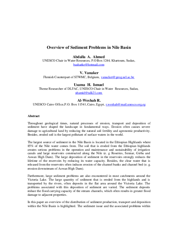 (PDF) Overview of Sediment Problems in Nile Basin | Abdalla Ahmed - Academia.edu