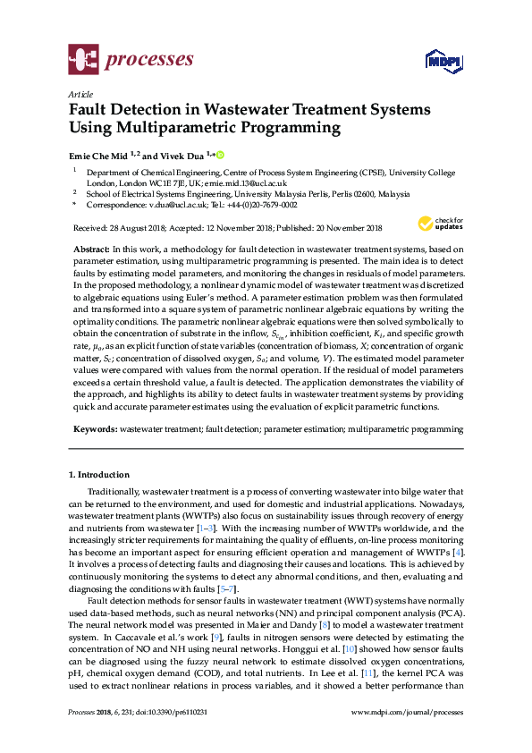 (PDF) Fault Detection in Wastewater Treatment Systems Using Multiparametric Programming
