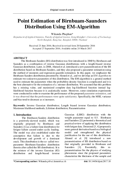 (PDF) Point Estimation of Birnbuam-Saunders Distribution Using EM-Algorithm