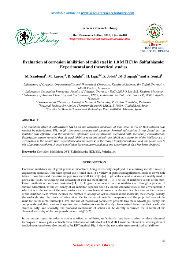 (PDF) Evaluation of corrosion inhibition of mild steel in 1.0 M HCl by Sulfathiazole ...