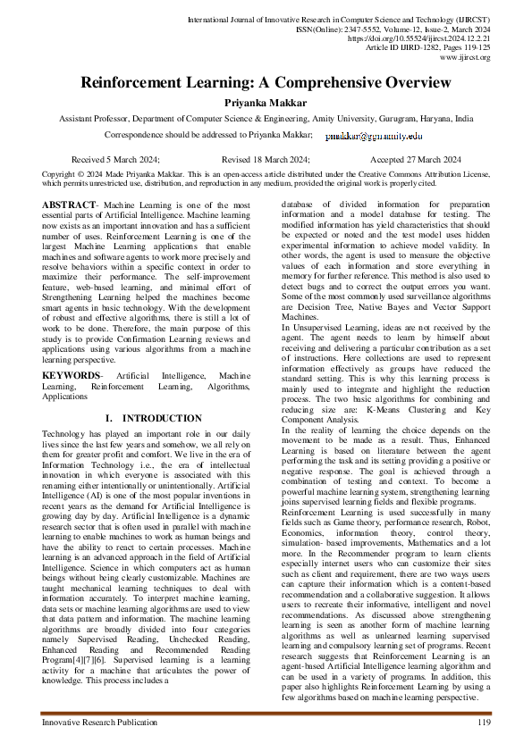 (PDF) Reinforcement Learning: A Comprehensive Overview