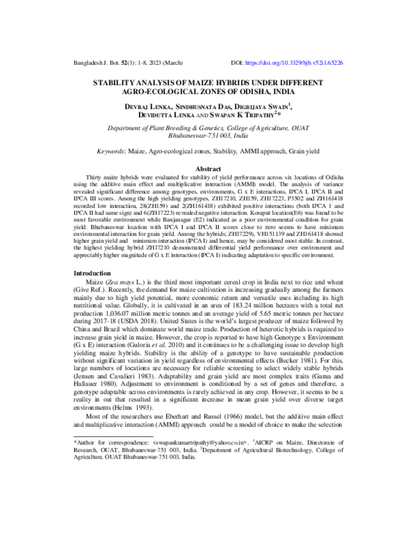 (PDF) Stability analysis of maize hybrids under different agro-ecological zones of Odisha, India