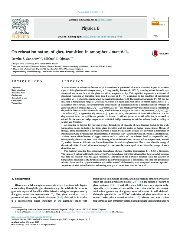 (PDF) On relaxation nature of glass transition in amorphous materials