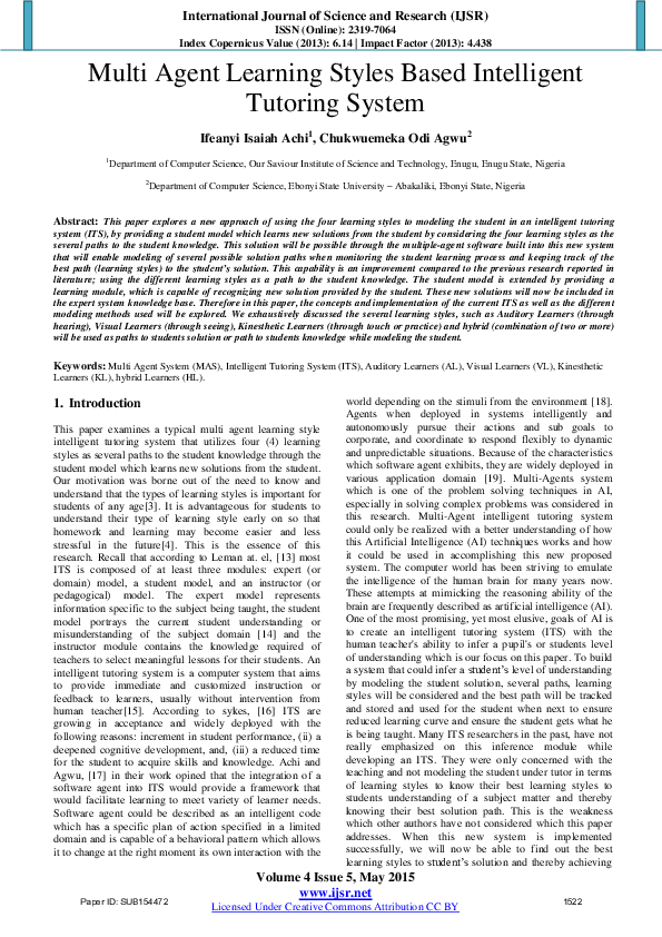 (PDF) Multi Agent Learning Styles Based Intelligent Tutoring System